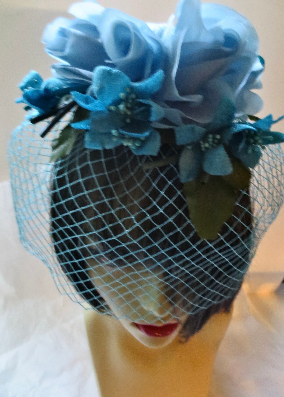 Blue Roses Veiled Fascinator Hat Cocktail Dress Hat Satin Corded Bow - Etsy