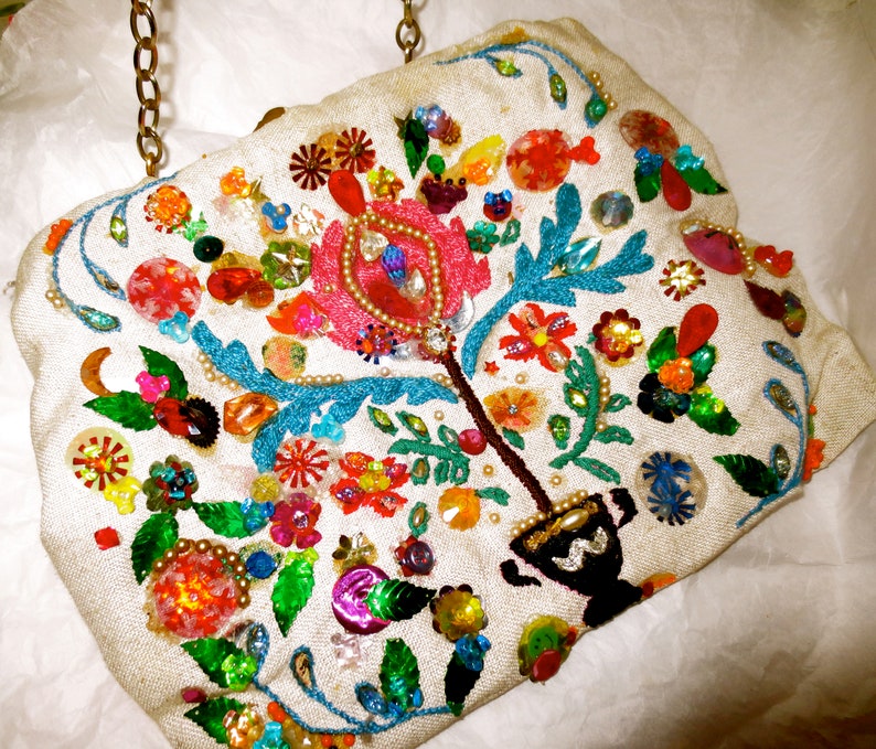 Bejeweled Linen Purse Kiss Frame Structure Vintage 1962 - Etsy