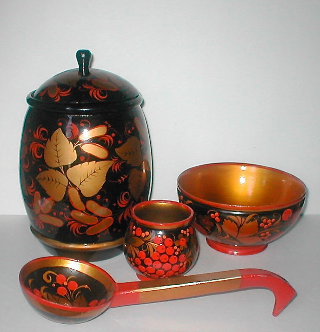 Russian Wooden Lacquerware and Gilt Collection Hand Painted Vintage ...