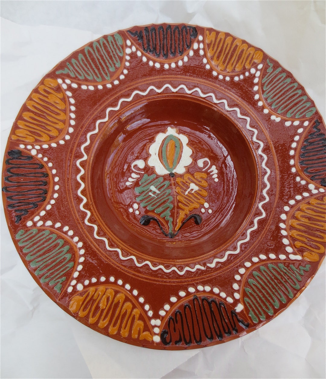 Artful Slip Traced Redware Dish Hanging Slipware Plate - Etsy