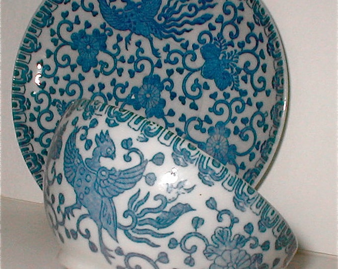 Chinese Phoenix Bird Porcelain China - Teacup and Saucer - Cobalt Blue ...