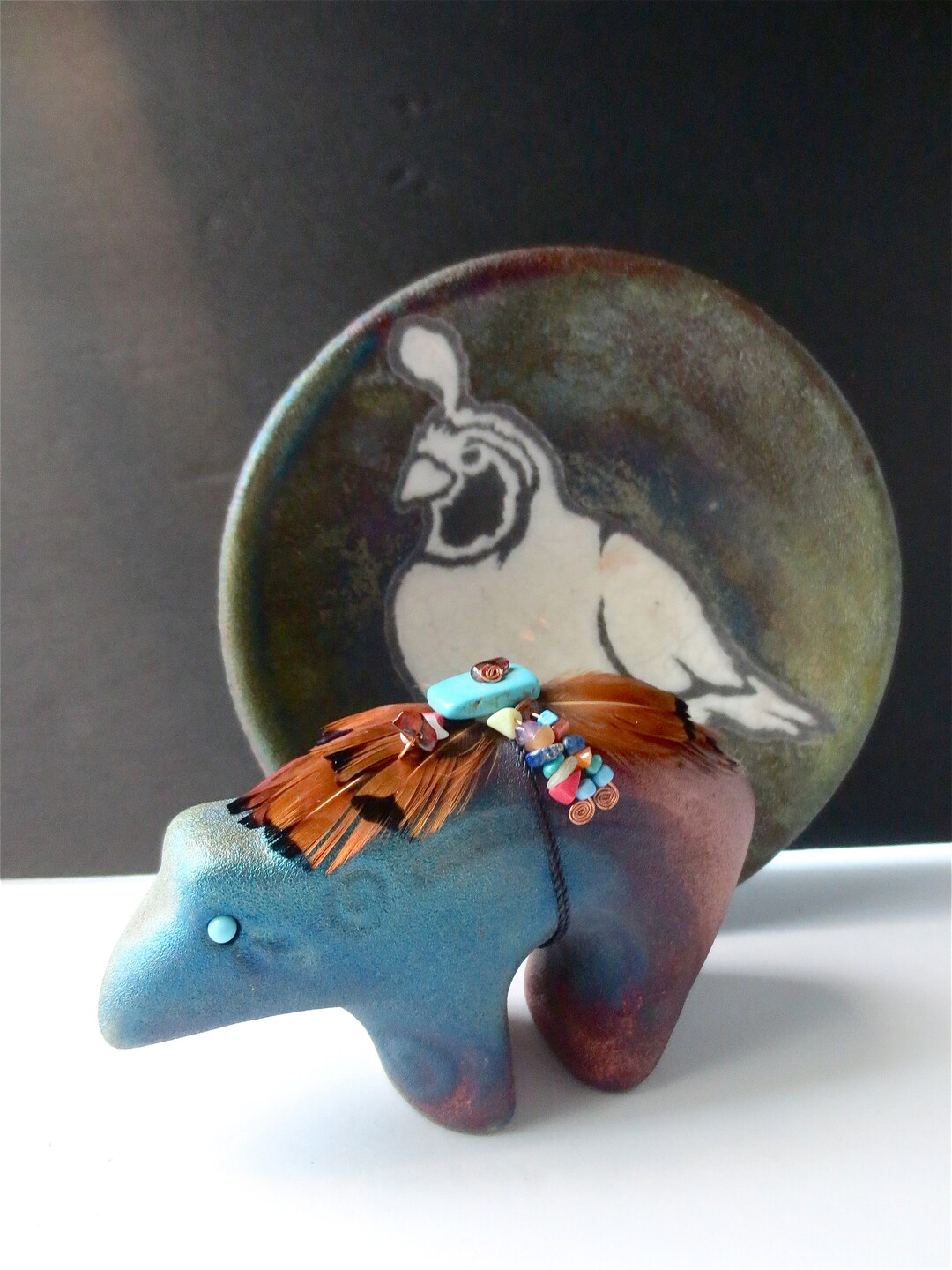 Bird and Bear Jeremy Diller Quail and Bear Raku Dish and Bear Fetish ...