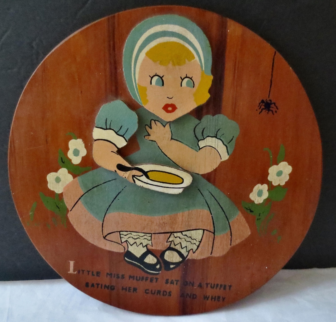 Little Miss Muffet Wooden Plaque - Nursery Wall Hanging - Vintage 1940s ...