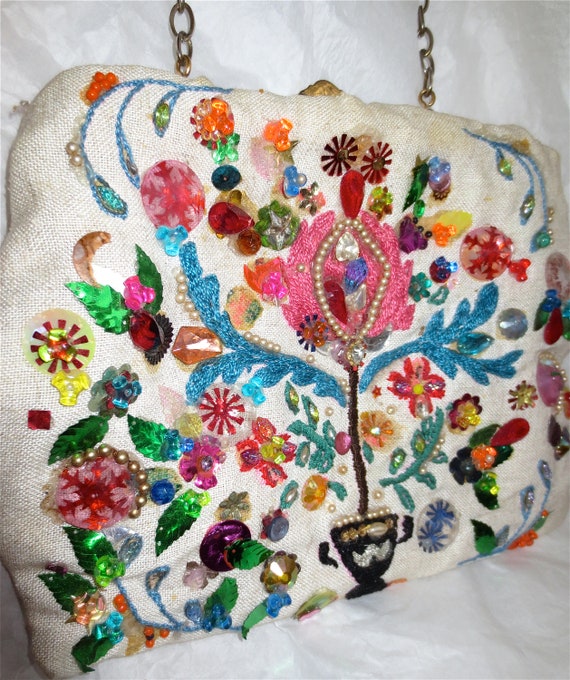 Bejeweled Linen Purse - Kiss Frame Structure - Vintag… - Gem