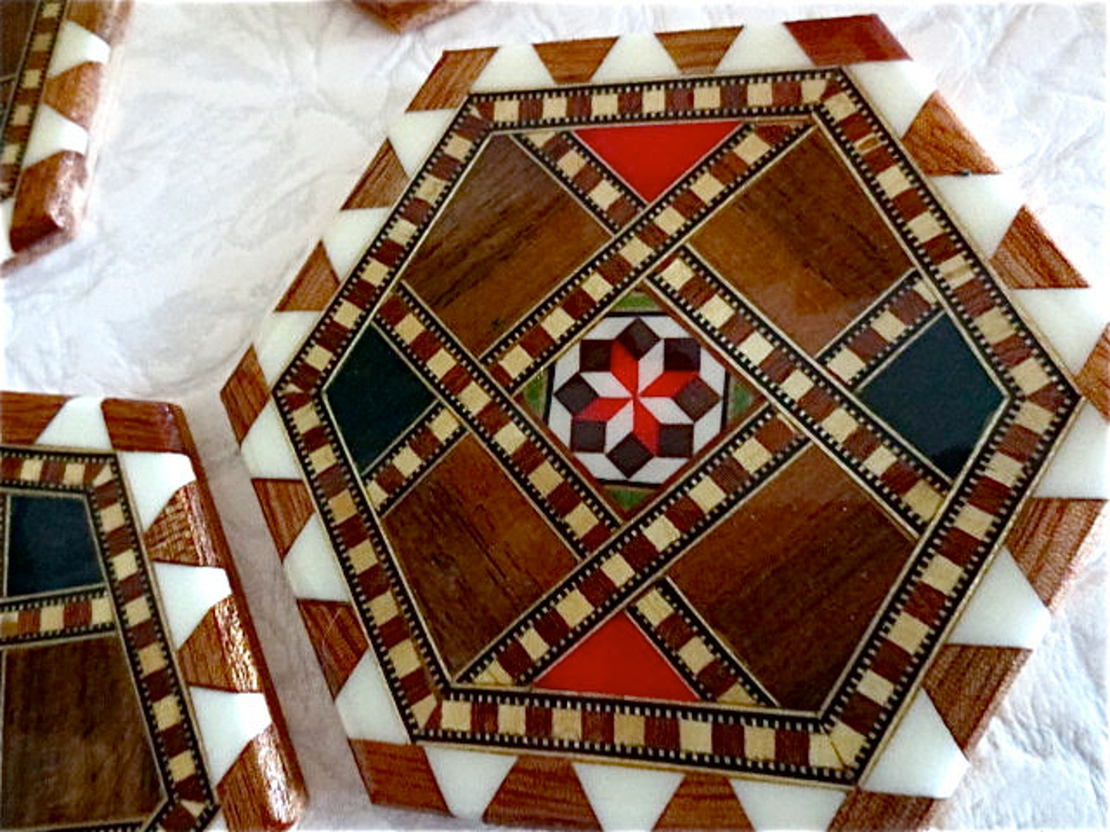 Mosaic Coaster Set Wood and Bone Morroccan Design Set of 4 - Etsy