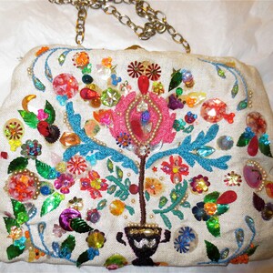 Bejeweled Linen Purse - Kiss Frame Structure - Vintage 1962 - Gold Tone ...