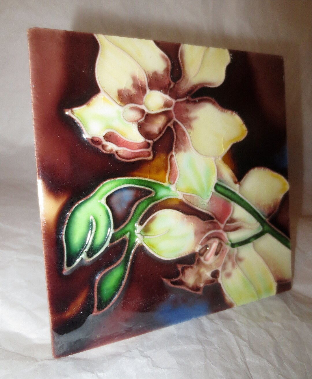 Orchid Bloom Ceramic Tile - Retro - Self Standing Mount to Wooden Easel ...