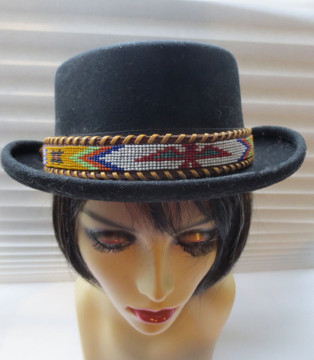 Boho Hat - Black Wool Felt-with Beaded Leather Band - Melded - Capas ...