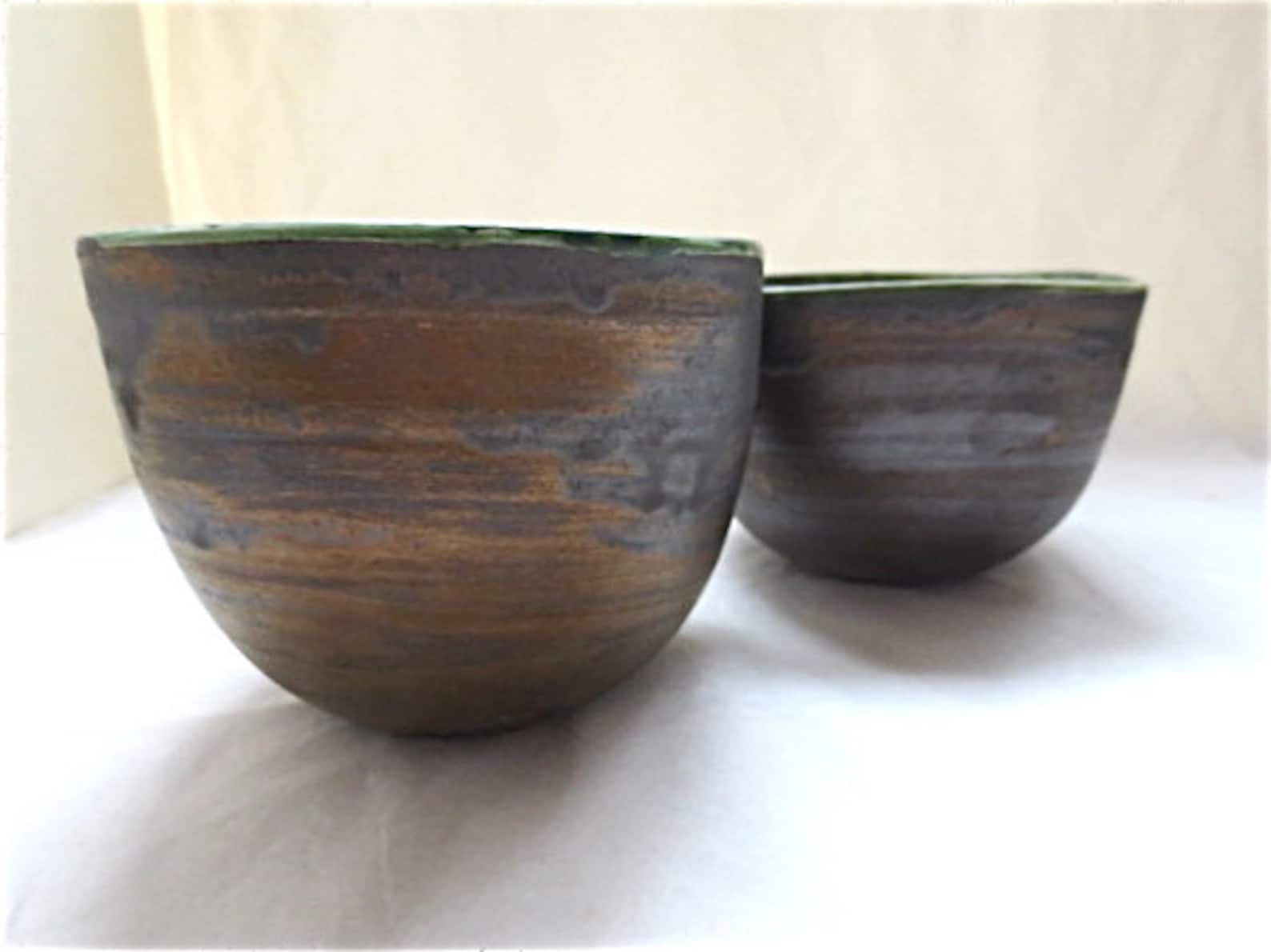 Vintage Pottery Bowl Pair - Signed Ceramic Bowls - Brushed Metallic ...