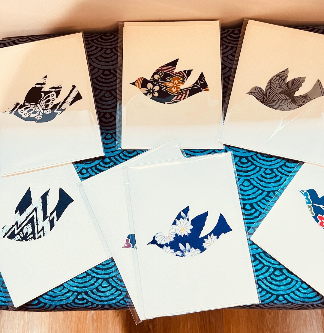 Blue Peace Doves 3 Silk Fabric Cards Japanese Hand Cut Cards Set of 3 ...