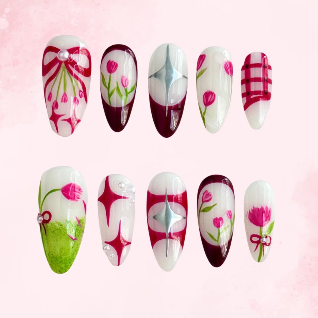 Ellie Vincy Floral French Press on Nails | Reusable Handmade Medium Length With Tulip and Bow ...
