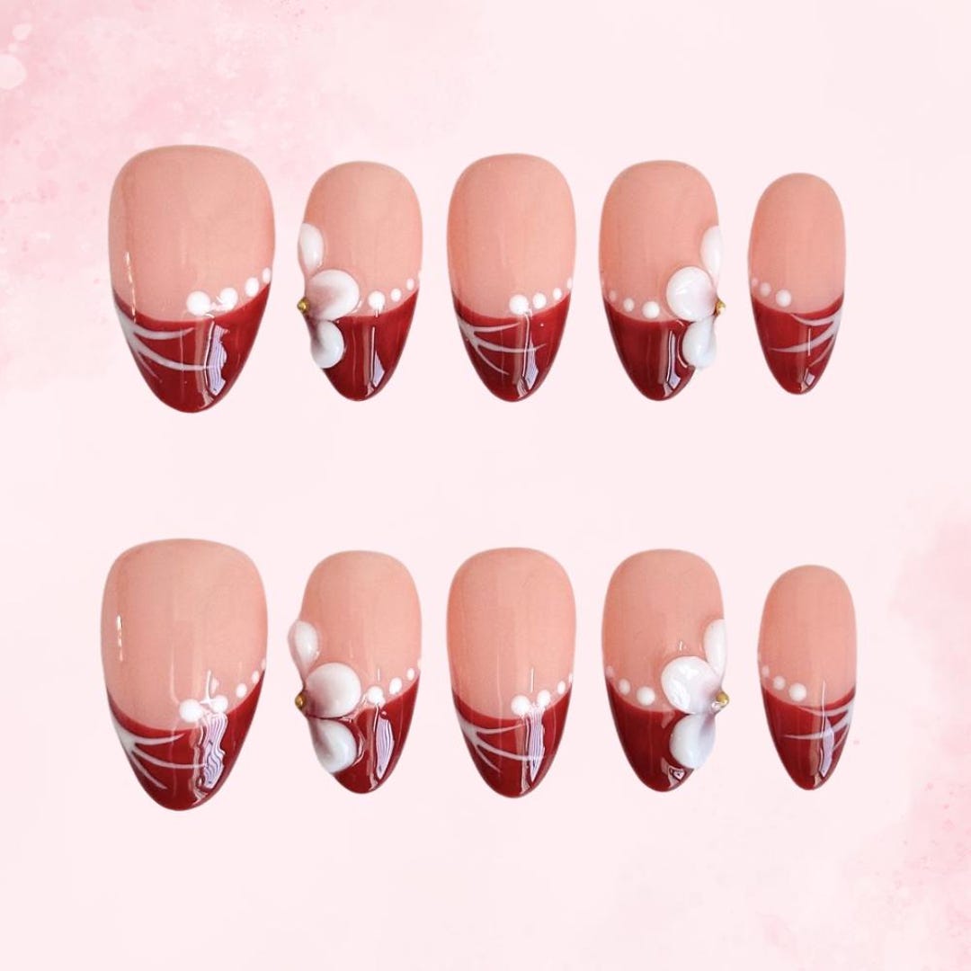 Ellie Vincy Red French Tip Press on Nails | Reusable Handmade Medium Length Nail Art With Floral ...