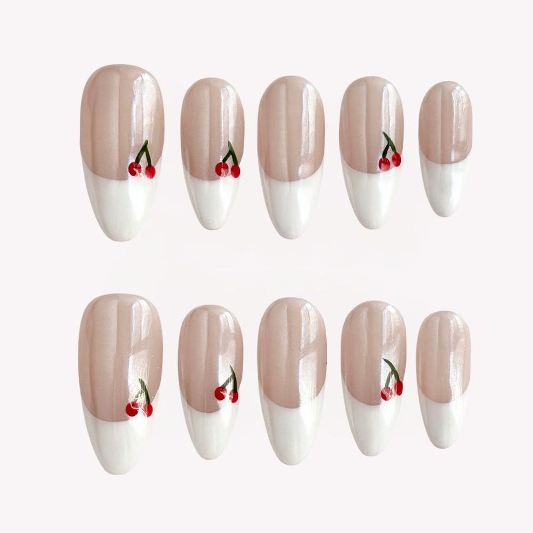 Ellie Vincy Cherry French Tip Press on Nails | Reusable Handmade Medium Almond Shape With Cute ...