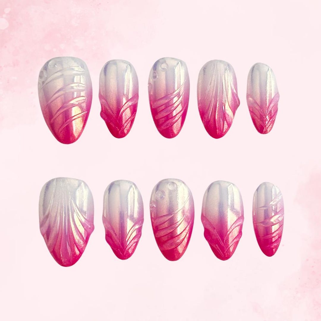 Ellie Vincy Pink Ombre Press on Nails | Reusable Handmade Medium Length With Shimmer and Pearl ...