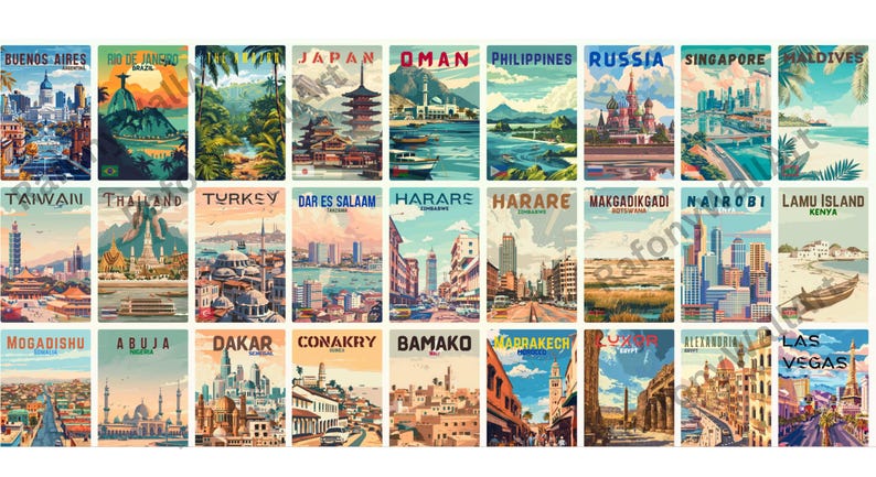 100 Travel Poster Set 1| Retro Aesthetic | Travel Wall Prints | Travel ...