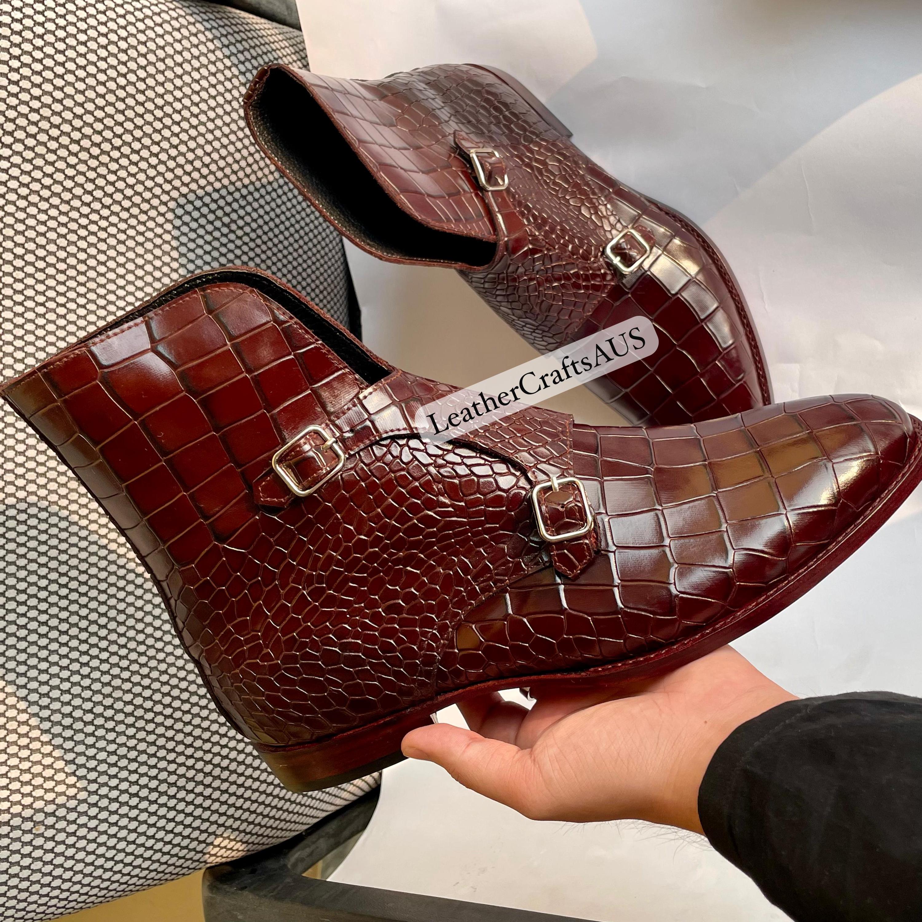 Handmade Mens Brown Alligator Texture Leather Formal Chukka Boots, Mens ...