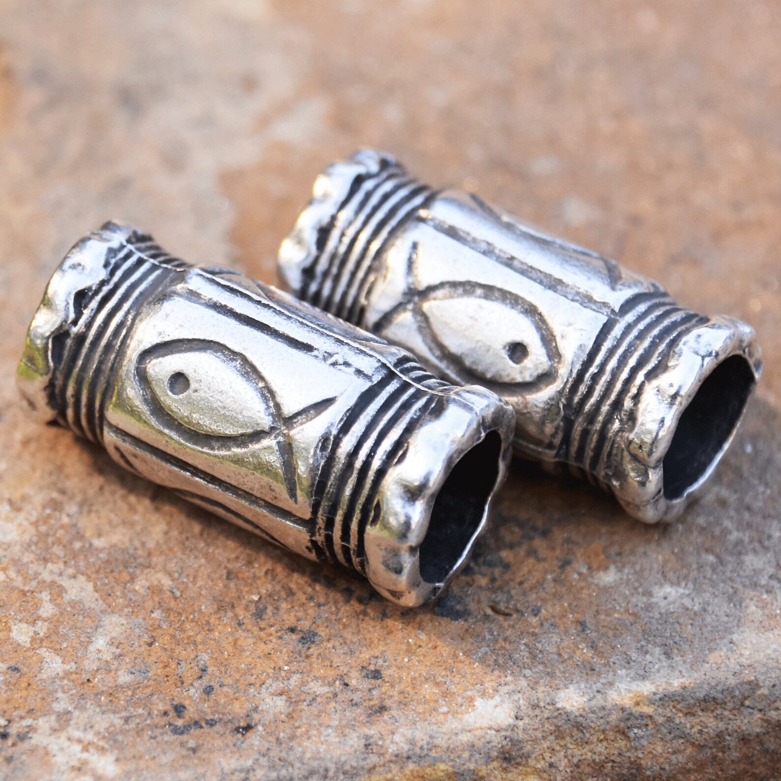 Awesome Greek Antiqued Pewter Fish Etched Barrel Tube Beads ~ Set of 2 ...