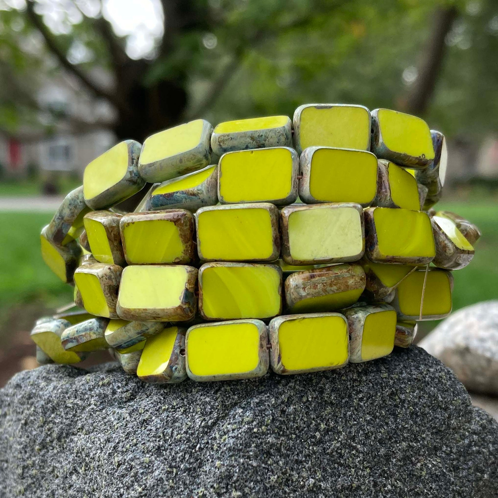 Gaspeite Chartreuse Green Czech Glass Rectangle With Picasso - Etsy