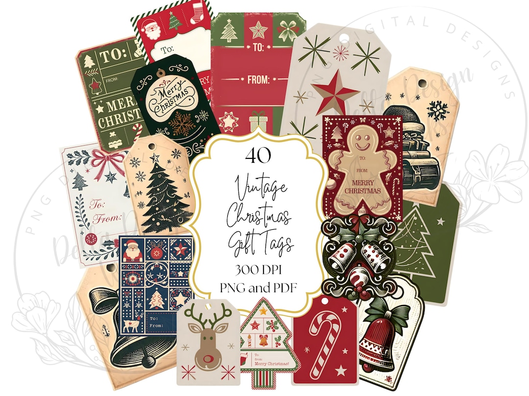 Printable Vintage Christmas Gift Tags, Gift Tags Clip Art PNG Bundle ...