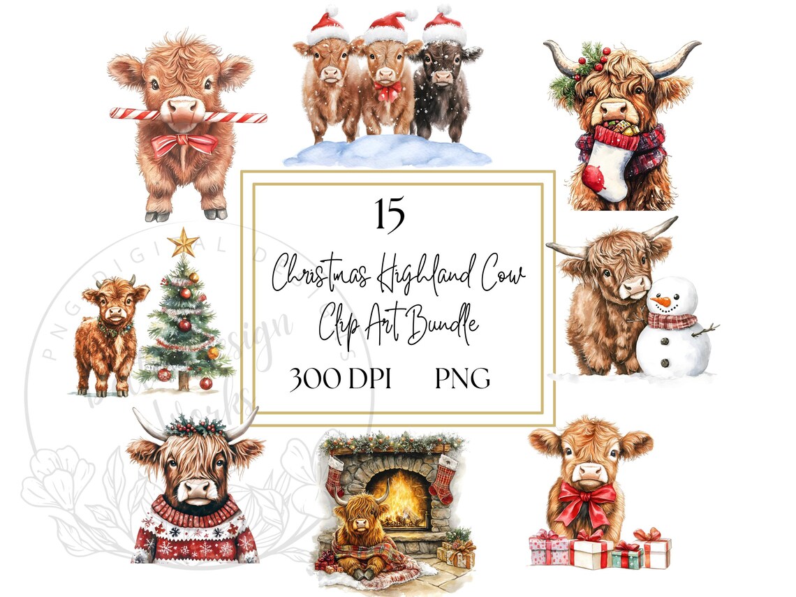Christmas Highland Cow Clip Art Bundle PNG, Highland Cow Sublimation ...