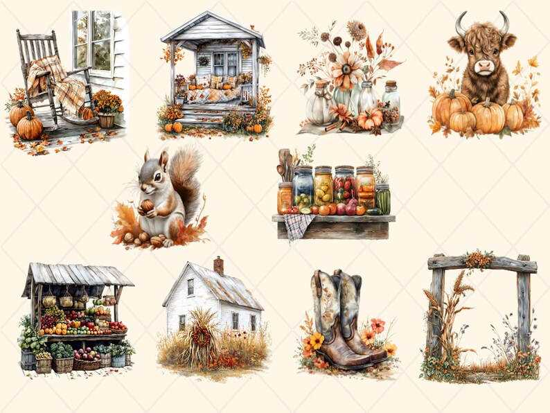 Country Autumn Clip Art Bundle Rustic PNG Files Commercial Use Instant ...