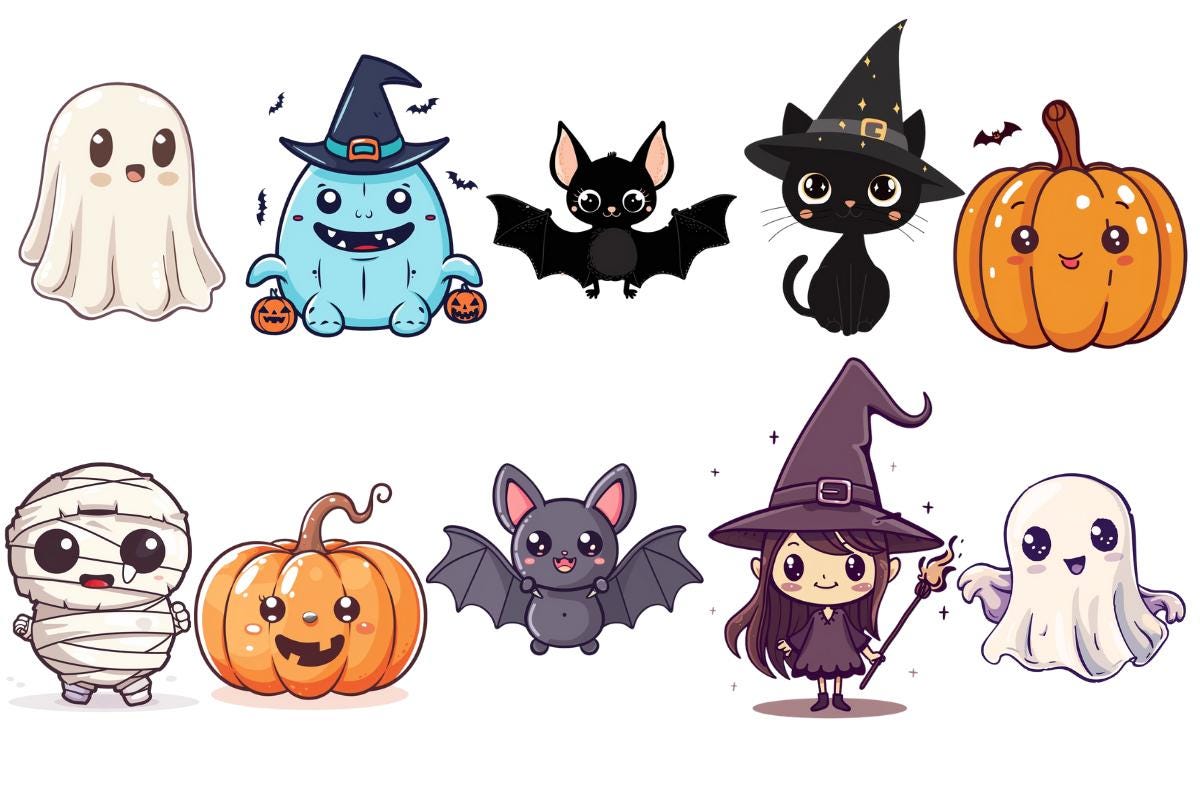Kawaii Halloween Clip Art Set, Cute Spooky Characters, Digital Download ...