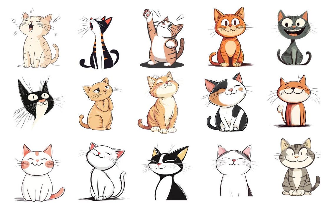 Cute and Funny Cartoon Cat Clip Art Bundle- 30 PNG Designs, Sublimation ...