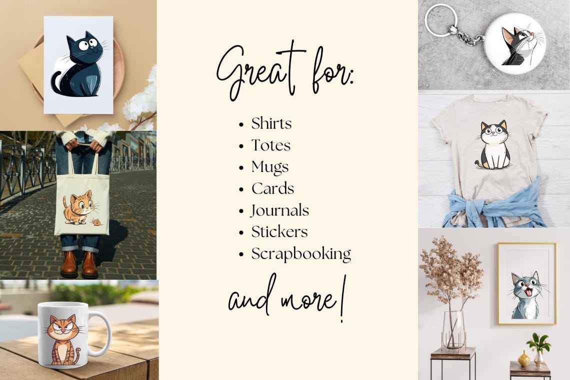 Cute and Funny Cartoon Cat Clip Art Bundle- 30 PNG Designs, Sublimation ...