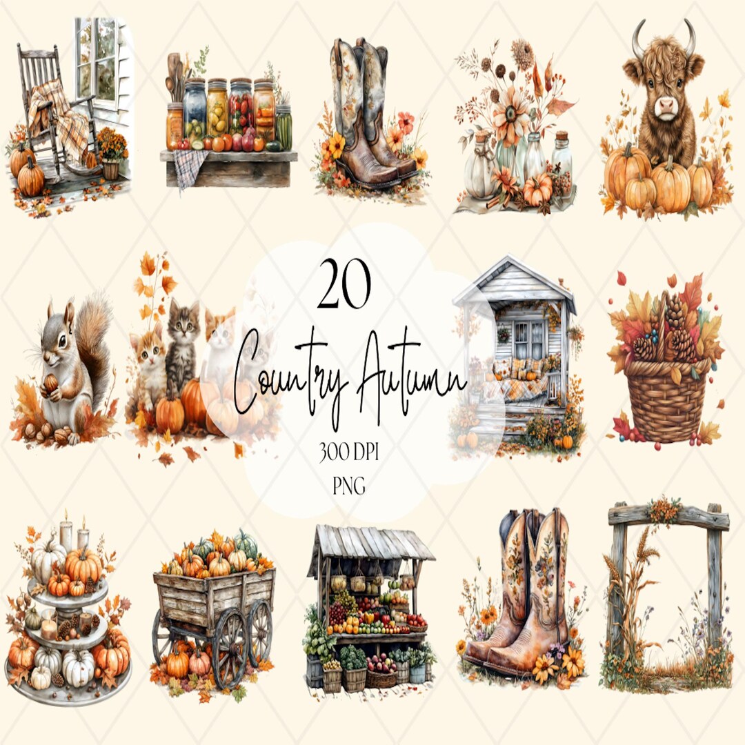 Country Autumn Clip Art Bundle Rustic PNG Files Commercial Use Instant ...
