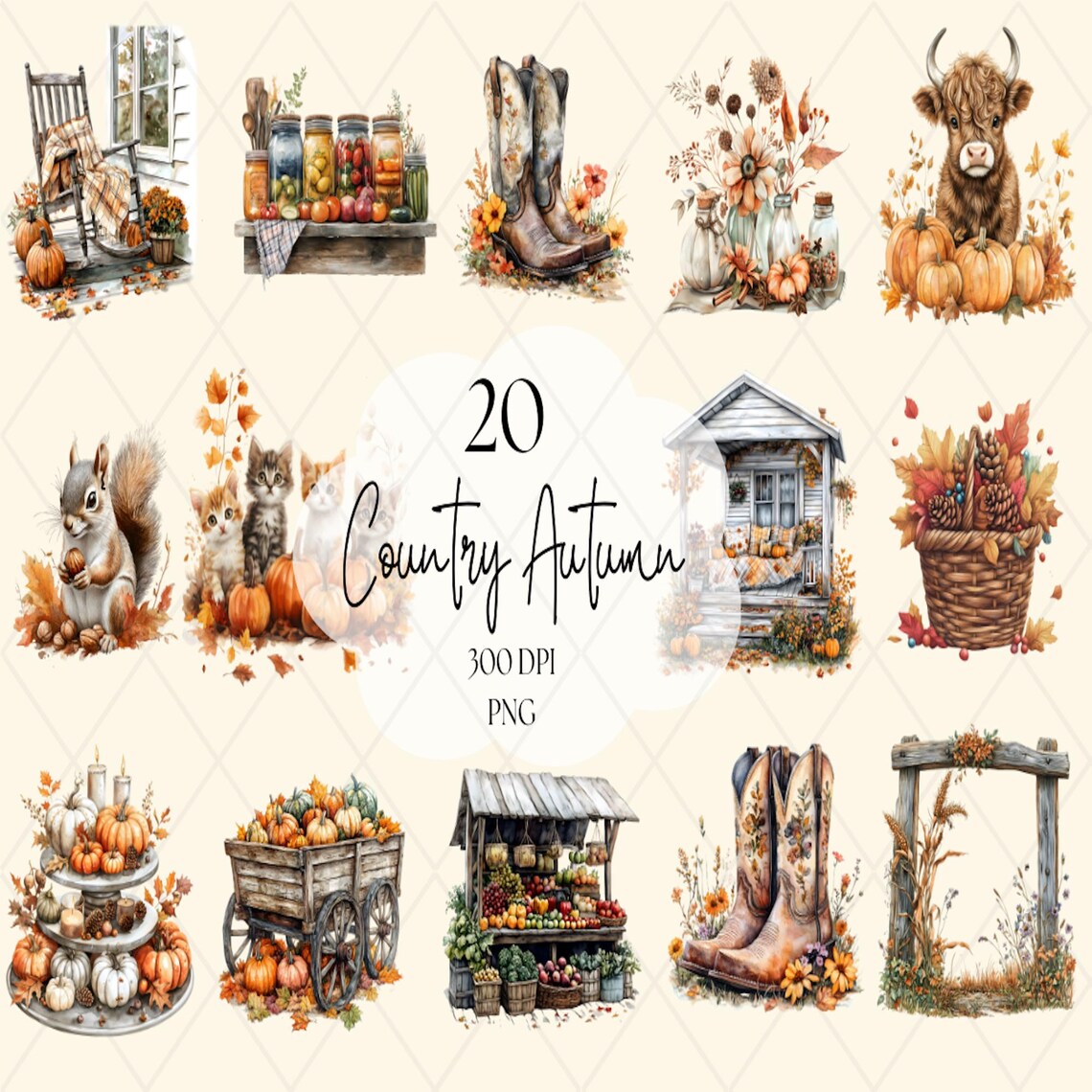 Country Autumn Clip Art Bundle Rustic PNG Files Commercial Use Instant ...