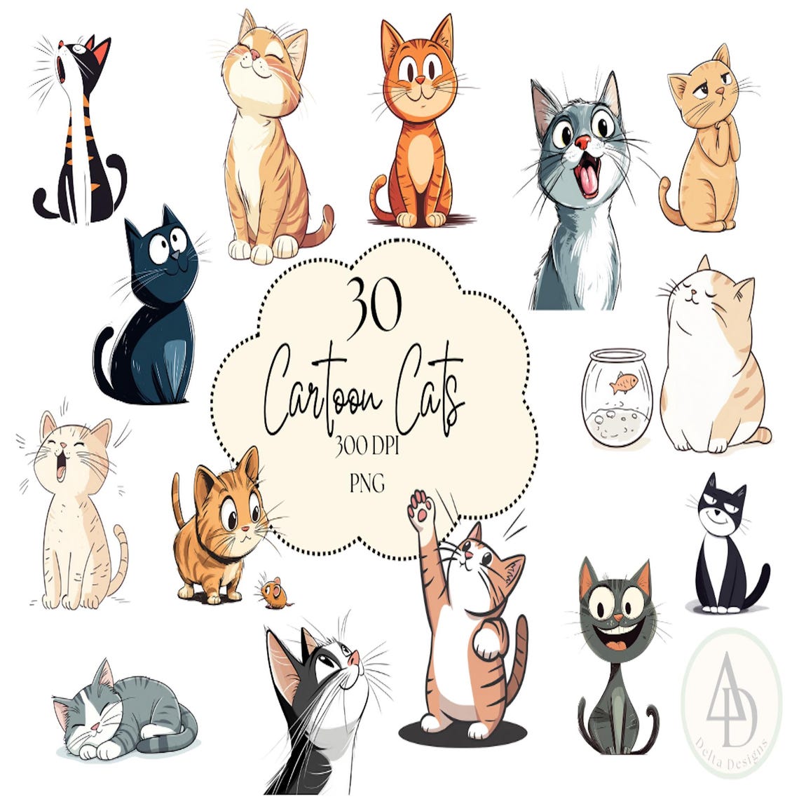 Cute and Funny Cartoon Cat Clip Art Bundle- 30 PNG Designs, Sublimation ...
