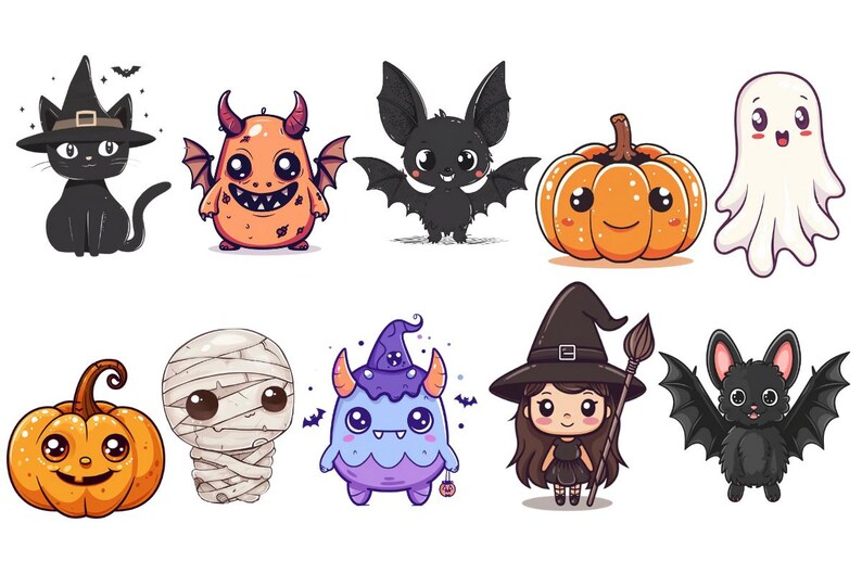 Kawaii Halloween Clip Art Set, Cute Spooky Characters, Digital Download ...