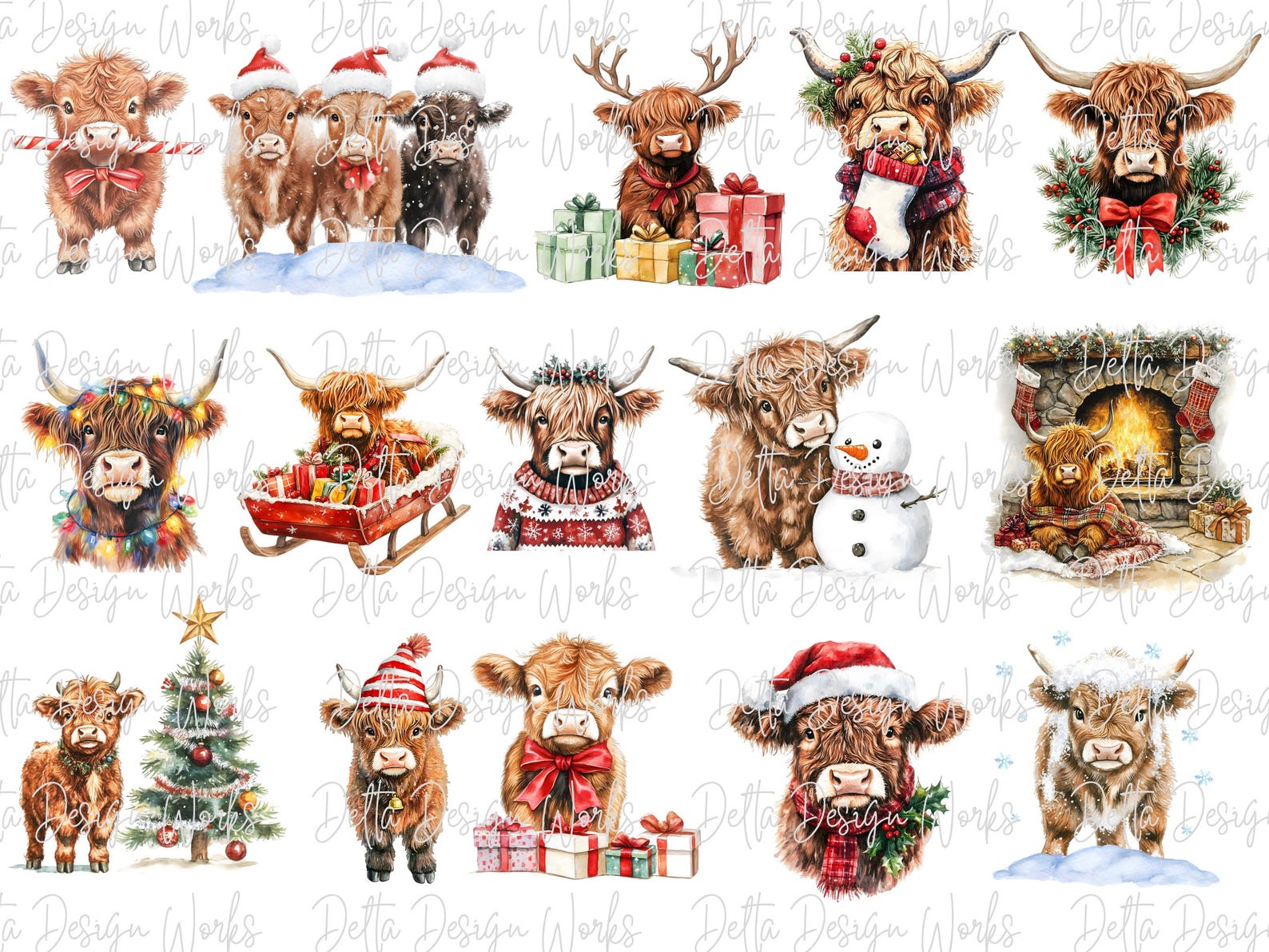 Christmas Highland Cow Clip Art Bundle PNG, Highland Cow Sublimation ...