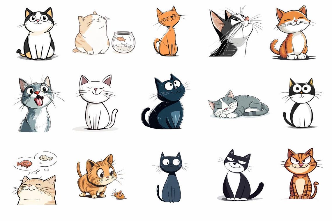 Cute and Funny Cartoon Cat Clip Art Bundle- 30 PNG Designs, Sublimation ...