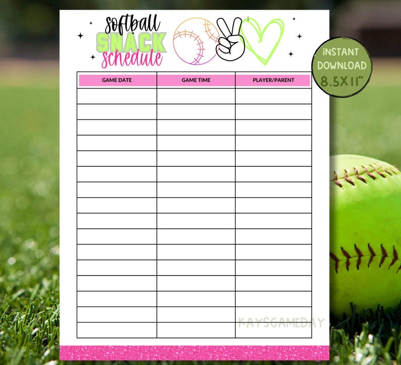 SOFTBALL Snack Schedule Printable | Girls Softball Snack Sign up Sheet ...