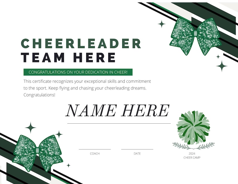 Hunter Green Editable Cheerleading Award Certificates Team Cheerleader ...