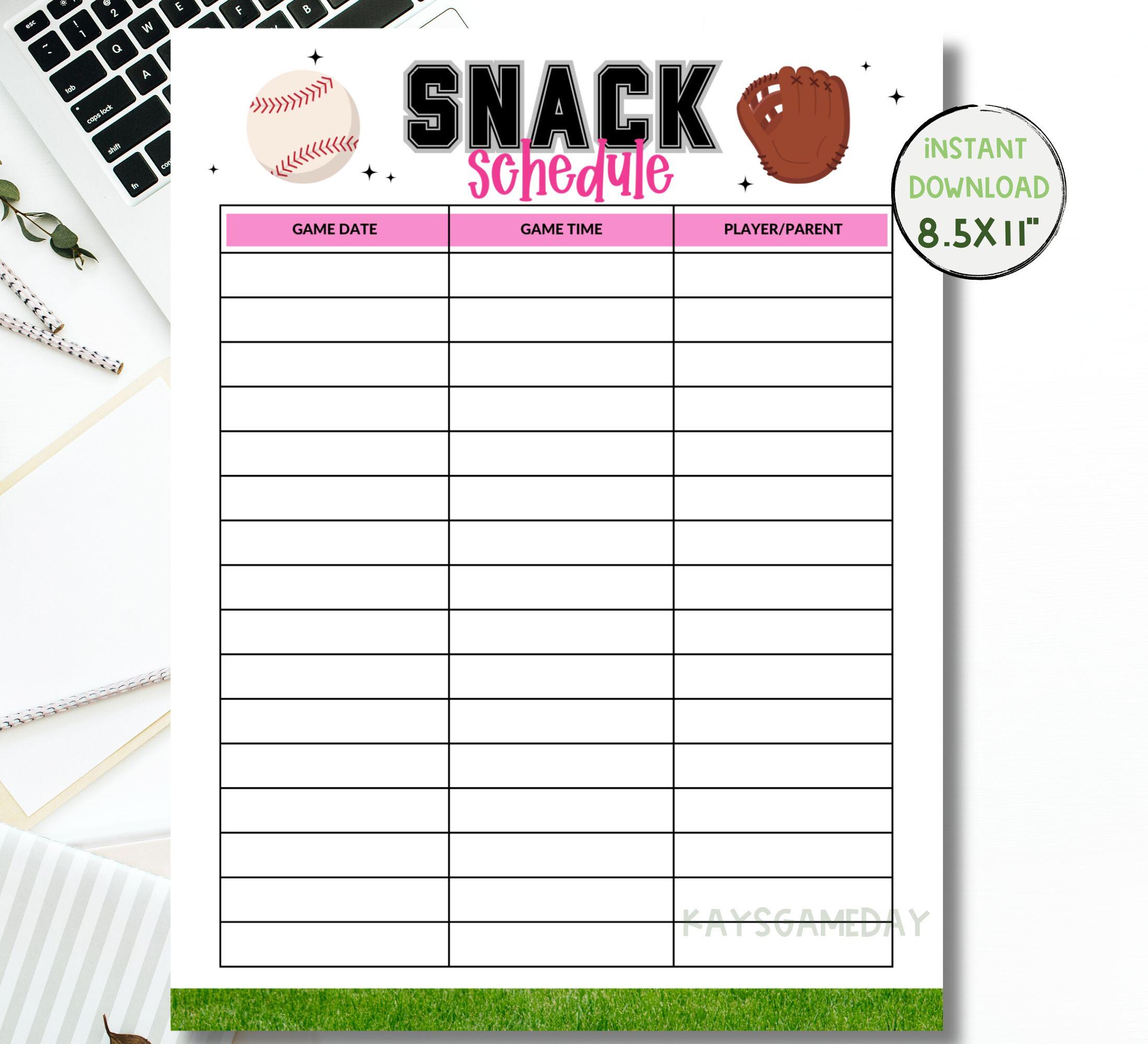 Girls Baseball Snack Schedule Printable | Girls Softball Snack Sign up ...