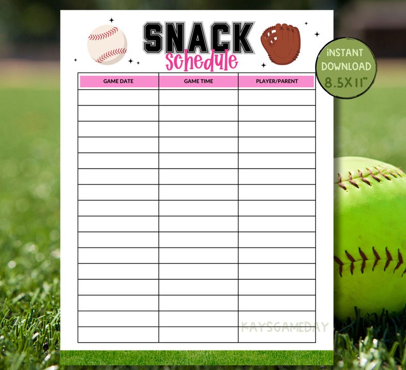 Girls Baseball Snack Schedule Printable | Girls Softball Snack Sign up ...
