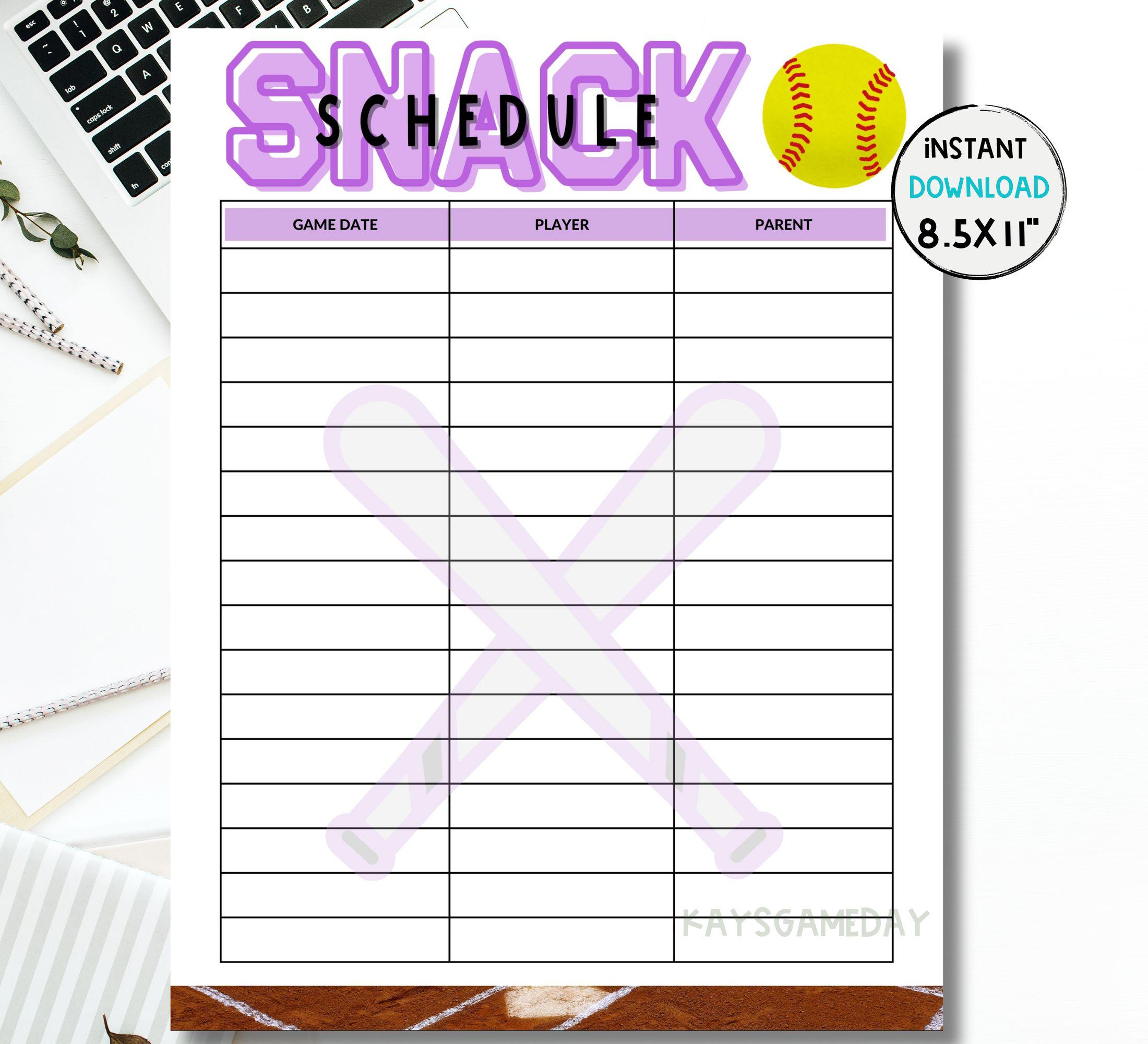 Softball Snack Schedule Sign up Sheet Printable | Softball Snack Sign ...