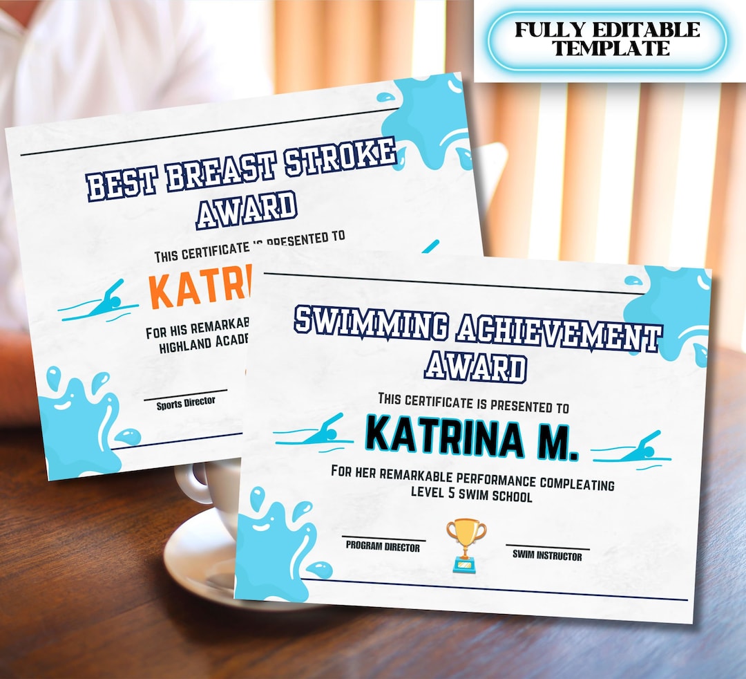 Swimming Certificate Template | Swim Promotion Template | Swimming ...