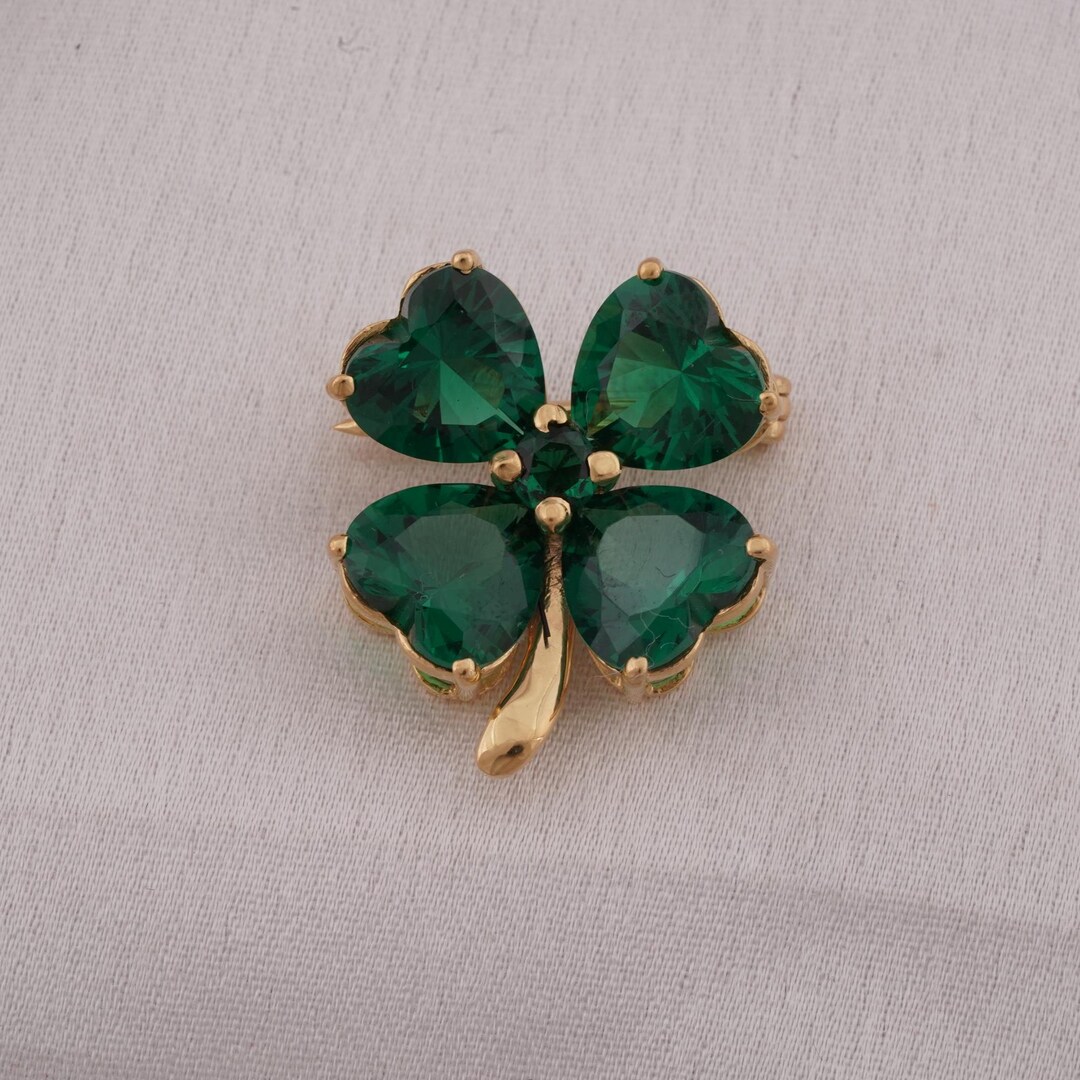 Green Emerald Gemstone Brooch Pin, Four Green Leaf Brooch Pin, 14K Gold ...