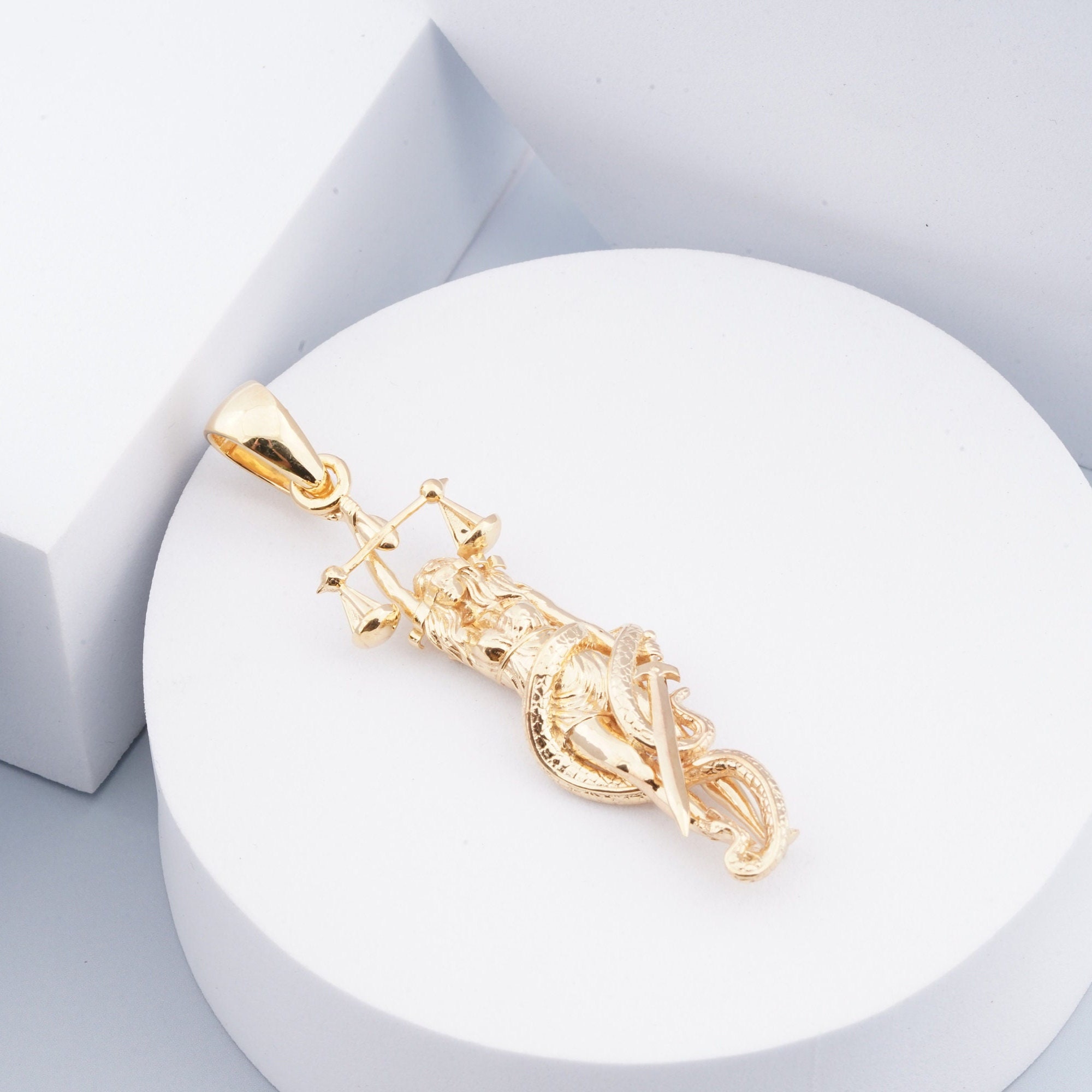14K Yellow Gold Justice is Blind Pendant, Lady Justice Necklace ...
