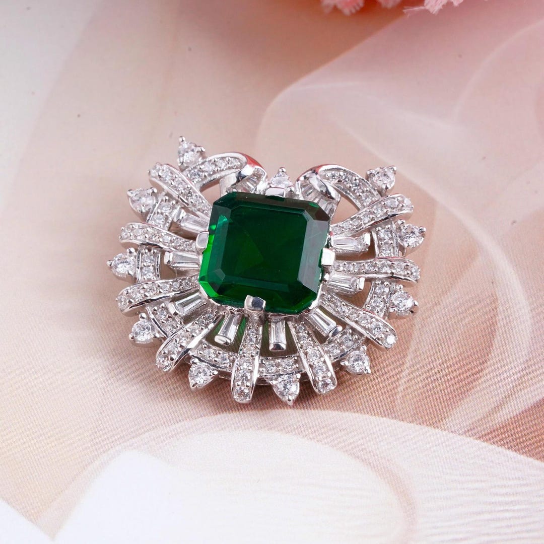 Emerald Diamond Gold Brooch, Sterling Silver Brooch, Green Stone Brooch ...