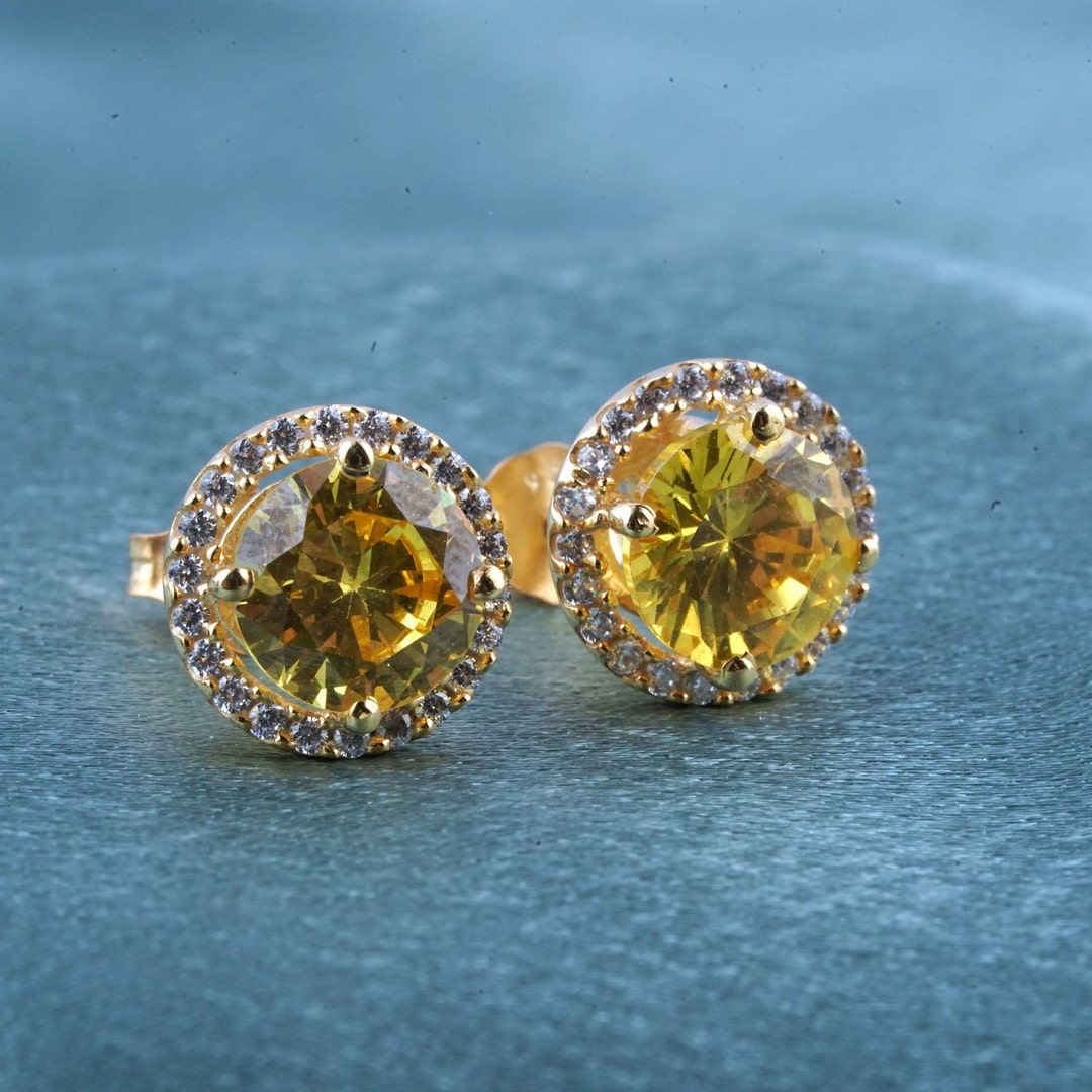 Gold Citrine Studs, Round Earrings, 14K Yellow Earrings, Women's ...