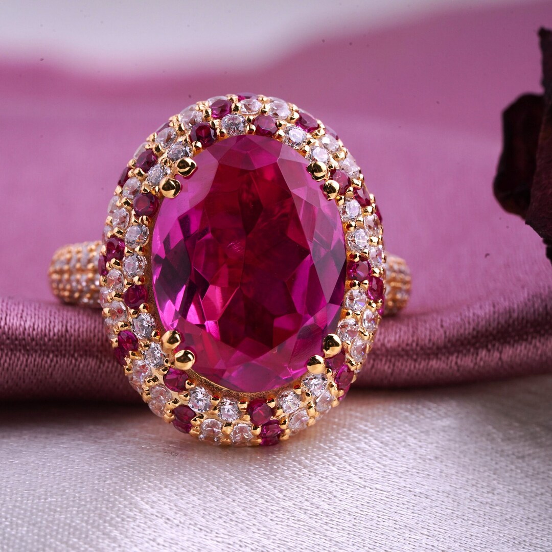 Pink Ruby Oval Cut Diamond Ring, 14K Gold Double Halo Ring, Bridal ...