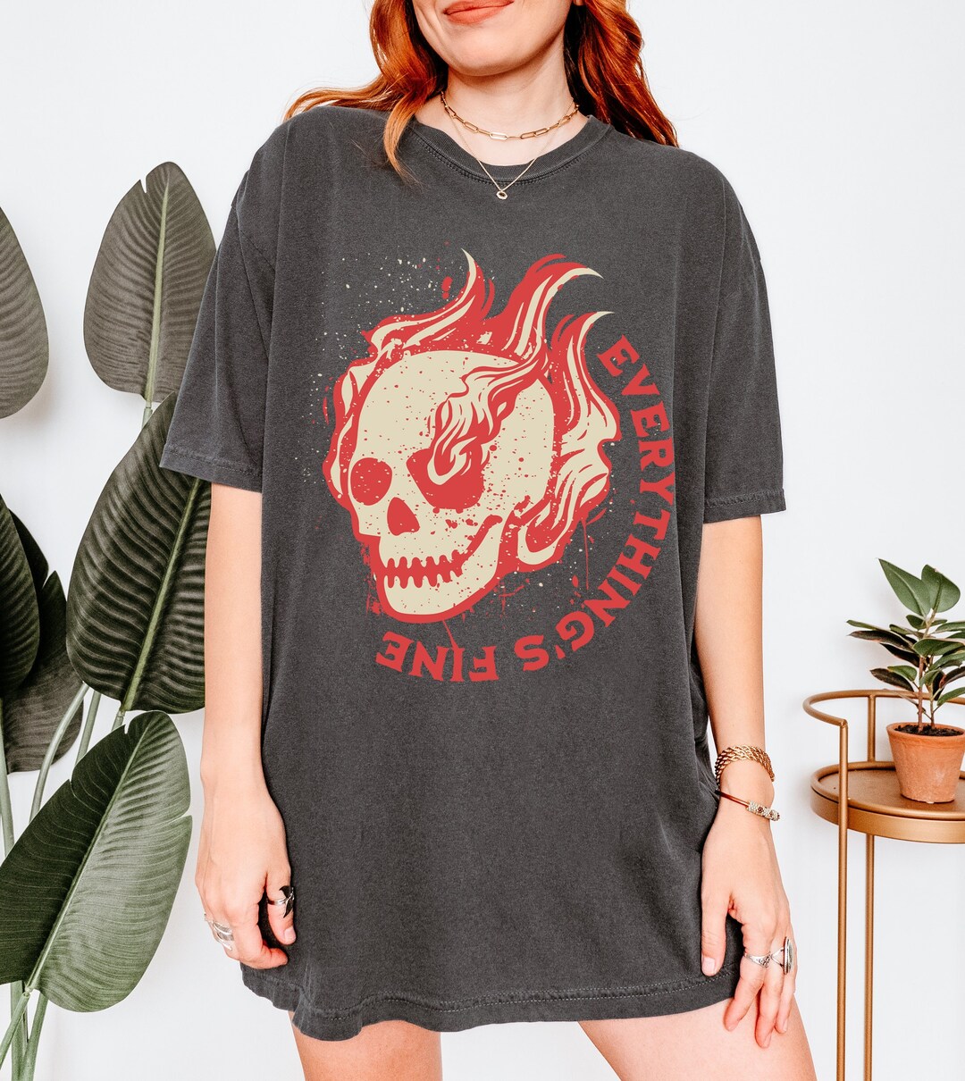 Everything is Fine, Skeleton Oversized Vintage T-shirt, Everything's ...