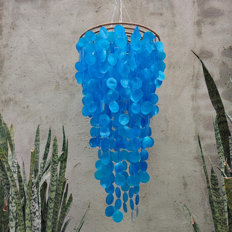 Blue Capiz Shell Chandelier: Boho Coastal Lighting Pendant - Etsy