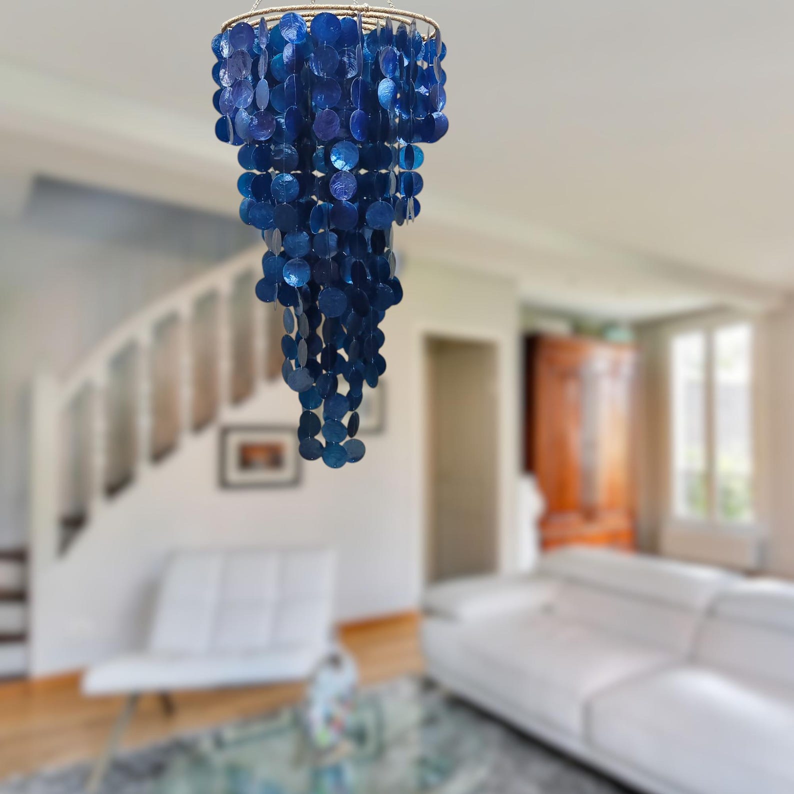 Handmade Capiz Chandelier Lighting Pendant, Capiz Lamp Shade & Blue ...