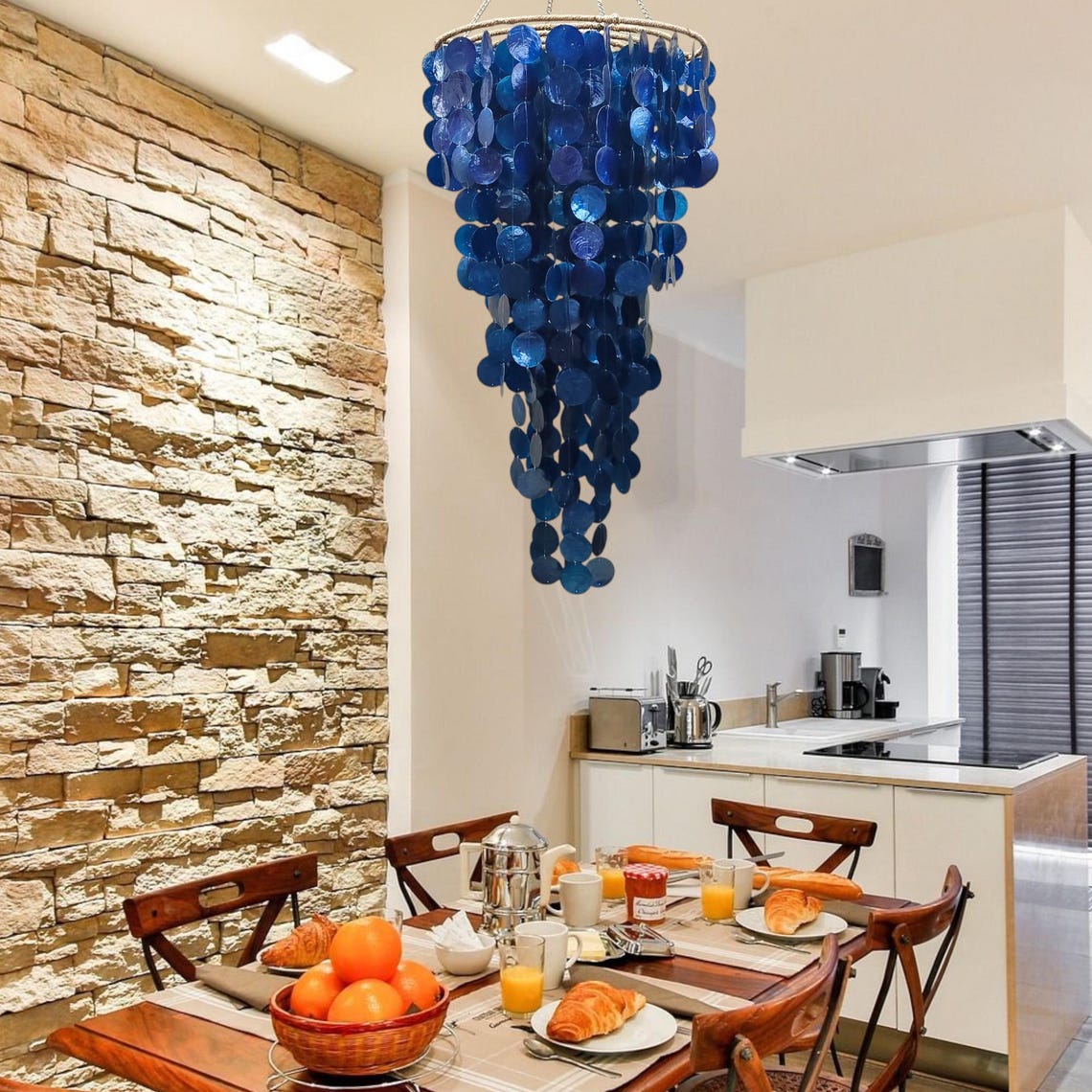 Handmade Capiz Chandelier Lighting Pendant, Capiz Lamp Shade & Blue ...