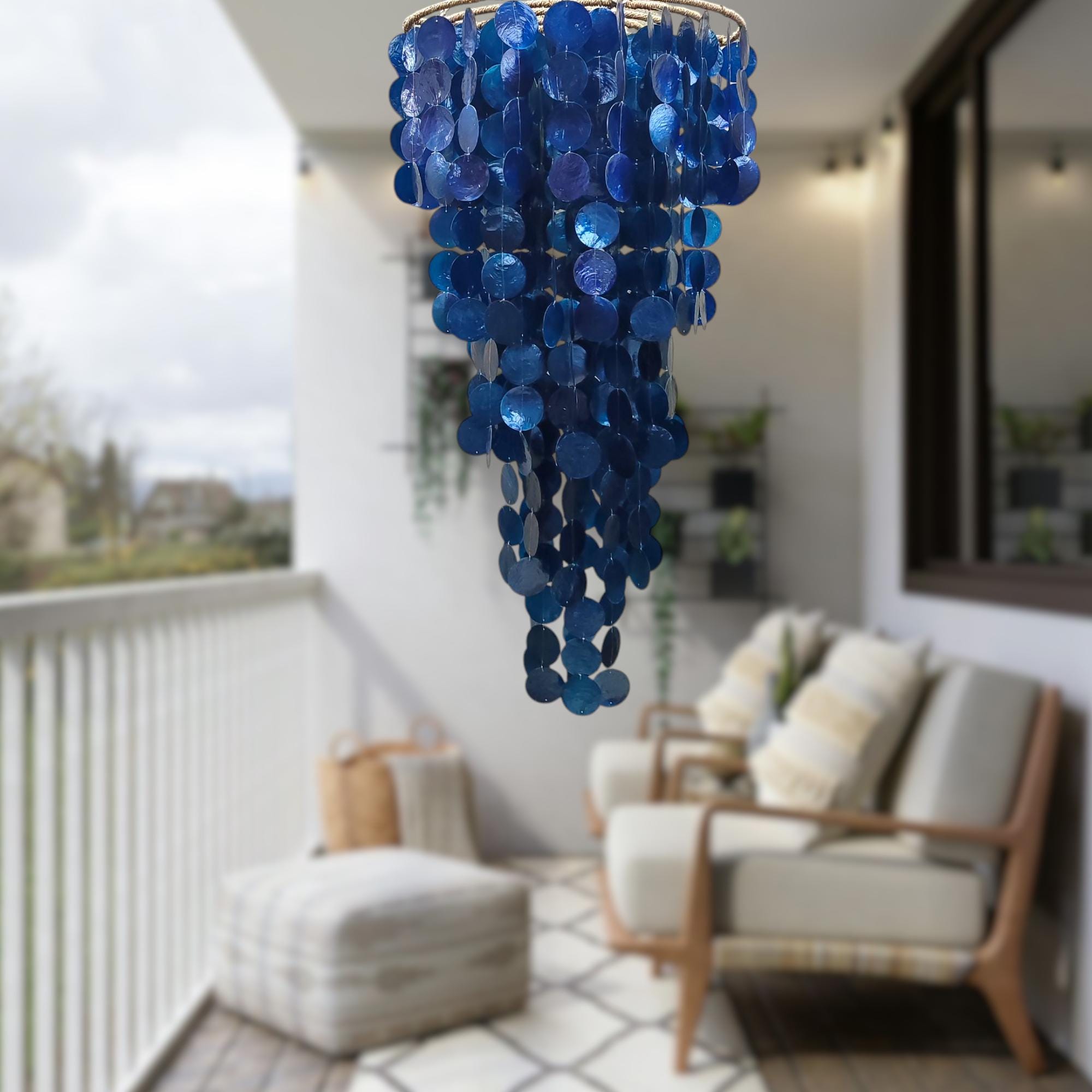 Handmade Capiz Chandelier Lighting Pendant, Capiz Lamp Shade & Blue ...